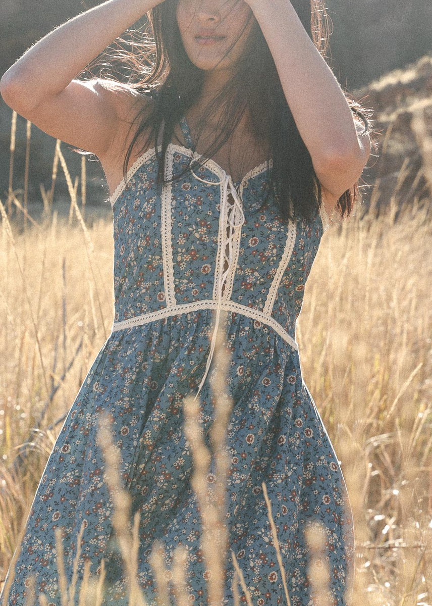 70s Inspired Blue Floral Lace Up Midi Sundress - Michaela Dress ...