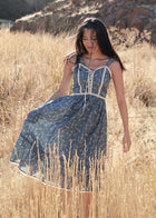 70s Inspired Blue Floral Lace Up Midi Sundress - Michaela Dress ...