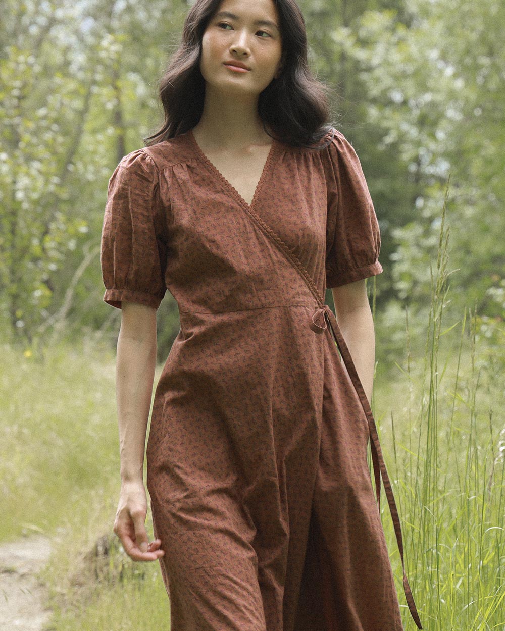 Pemberley Dress in Terre — Vintage-Inspired Cotton Wrap Midi by Atèlette