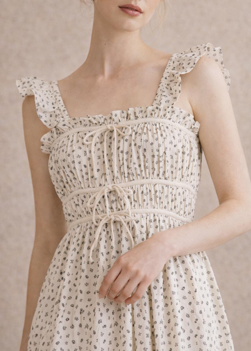 Atèlette - Off White Ditsy Floral Gathered Bodice Midi Dress - MIRIELLE ...