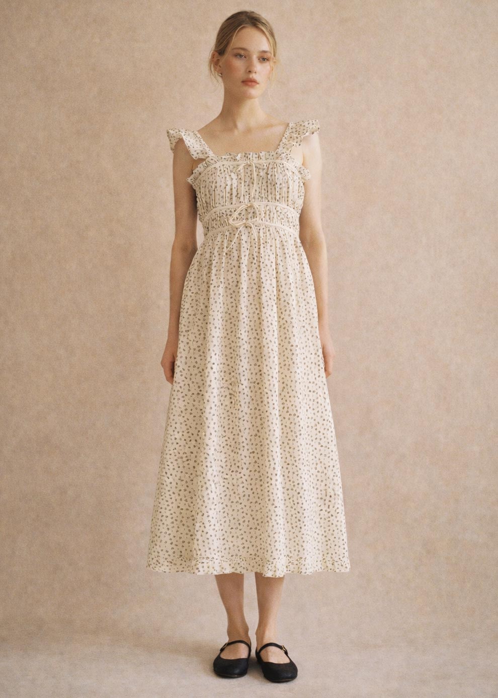 Atèlette - Off White Ditsy Floral Gathered Bodice Midi Dress - MIRIELLE ...