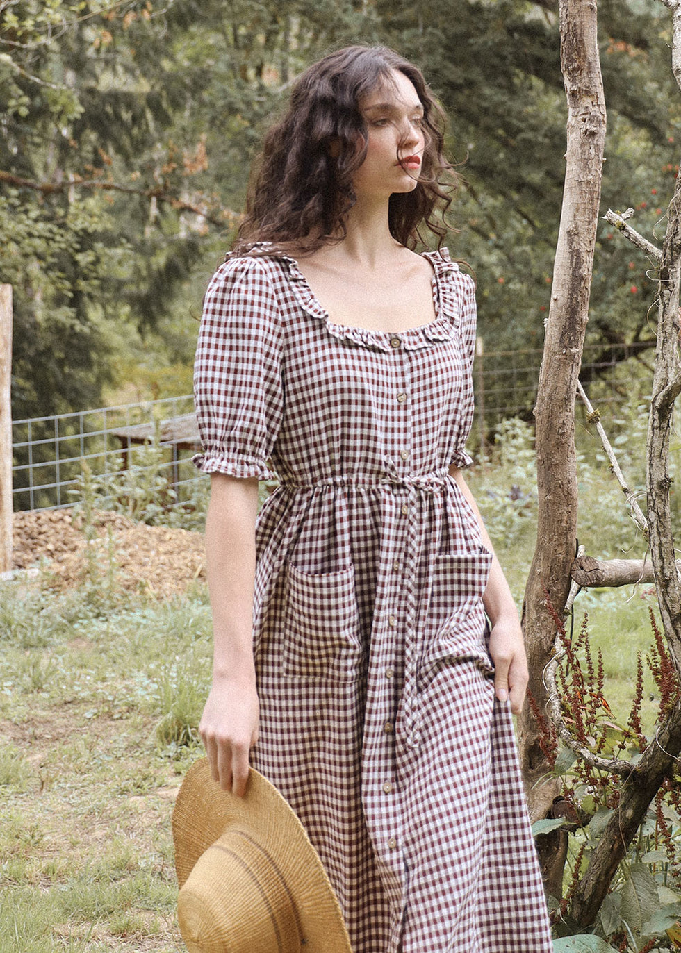 Abighaile Dress - Romantic Maroon Gingham Midi Dress - Consciously ...